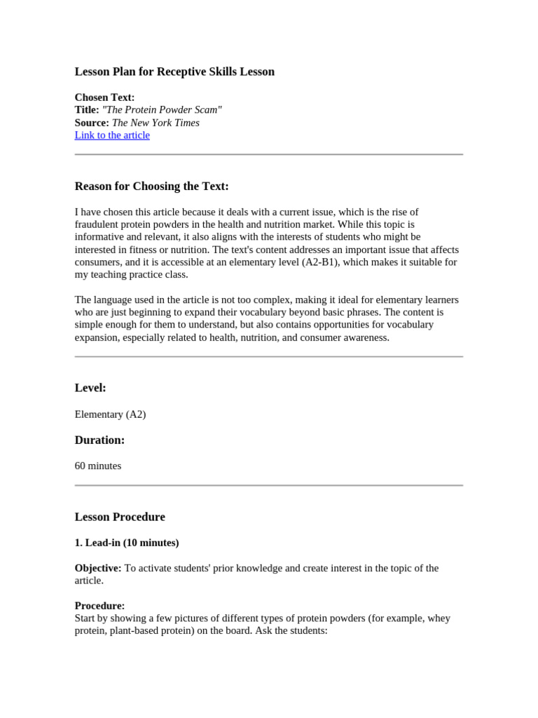 Lesson Plan For Receptive Skills Lesson - Docx Fo LSRT | PDF | Reading ...