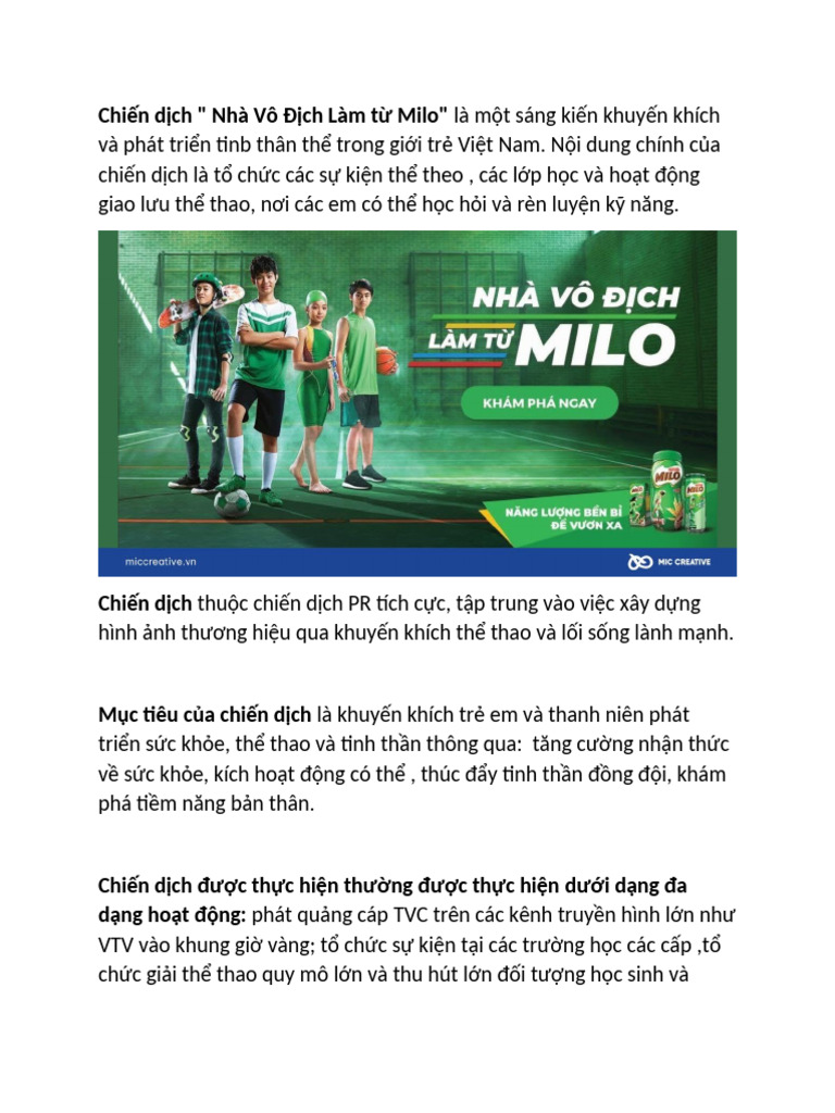 Chiến dịch Nhà Vô Địch Làm từ Milo | PDF