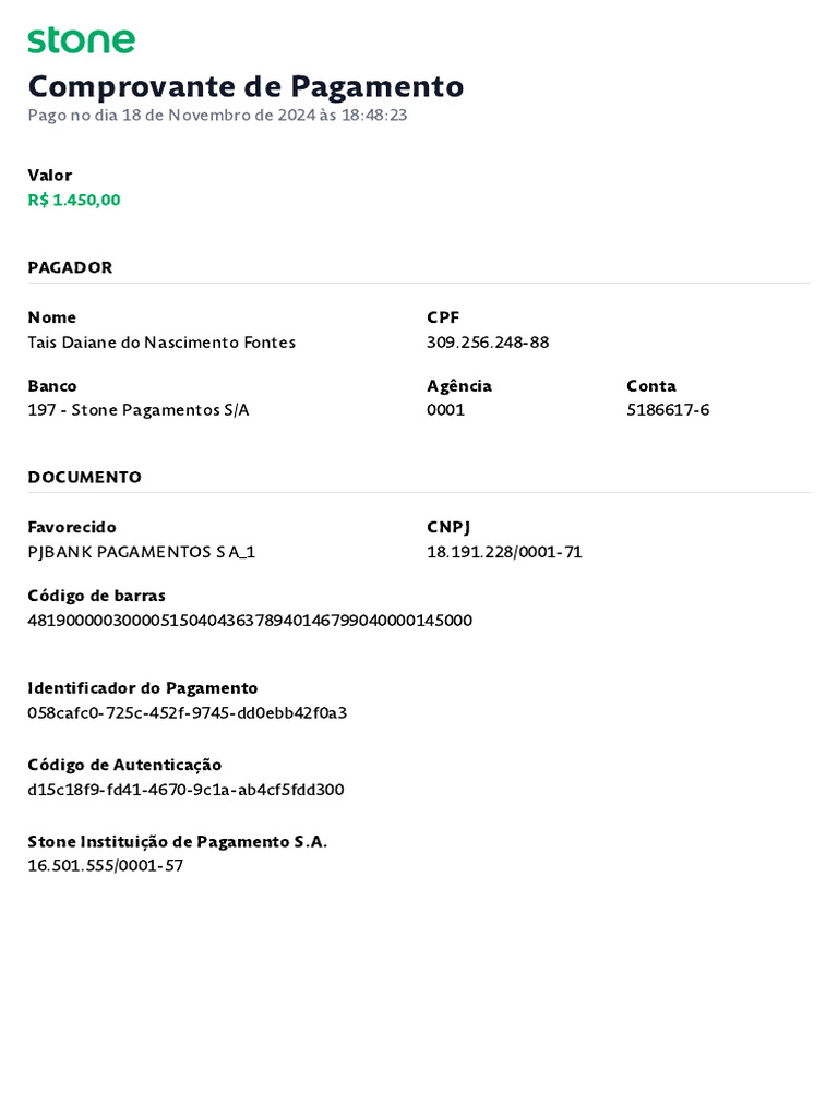 Comprovante de Pagamento - Stone | PDF