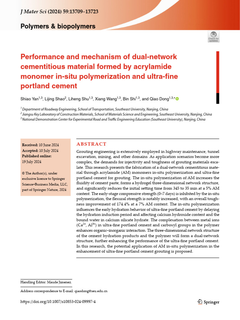 Performance and Mechanism of Dual Network Cementitious Material Formed ...