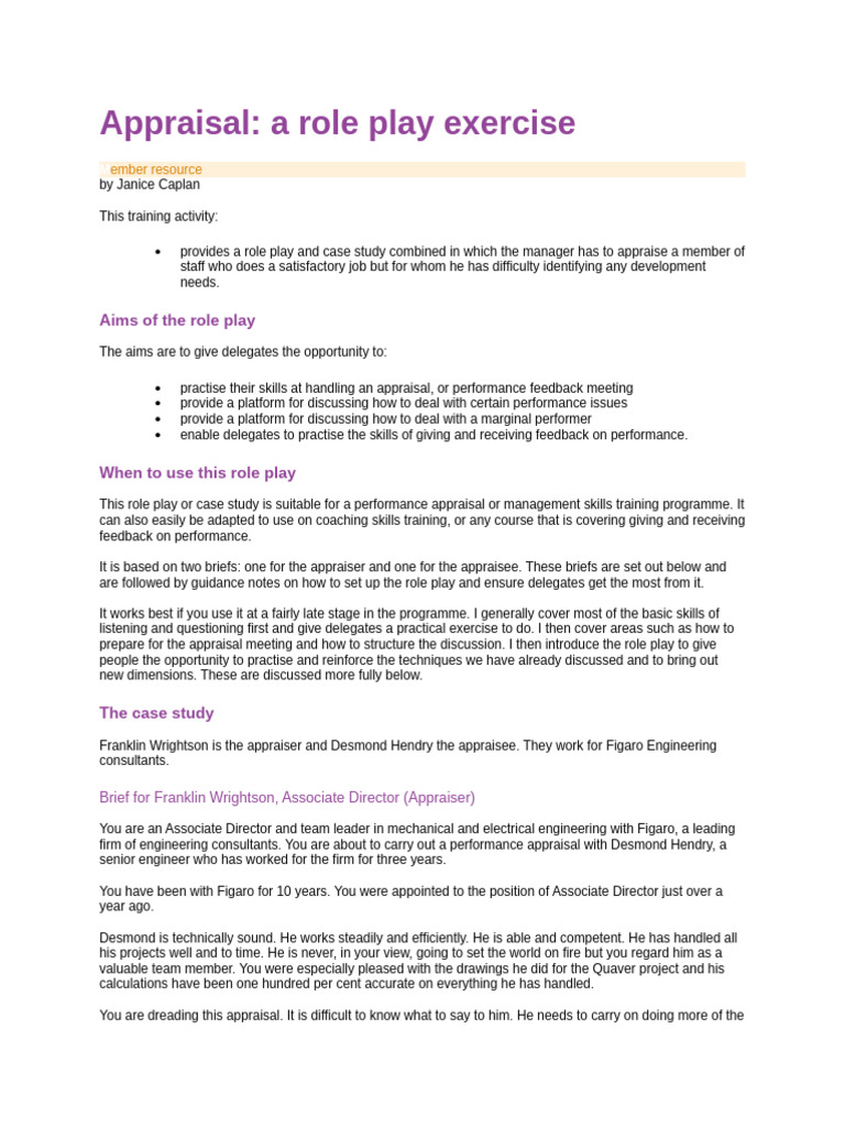 Performance Appraisal Role Play Guide | PDF | Performance Appraisal ...