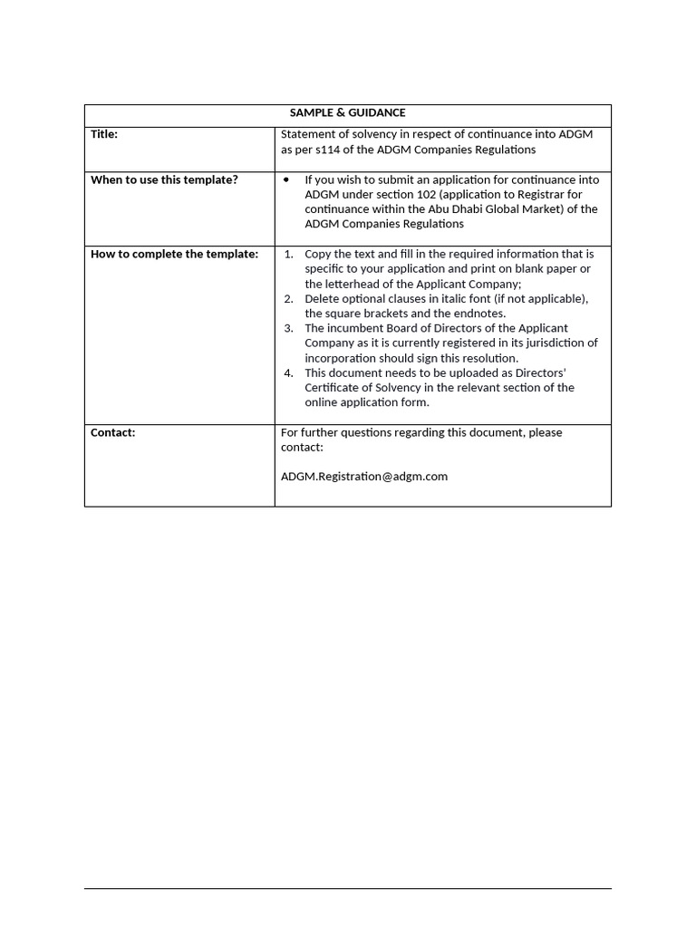 Adgm Ra Continuance Directors Statement of Solvency v1 | PDF