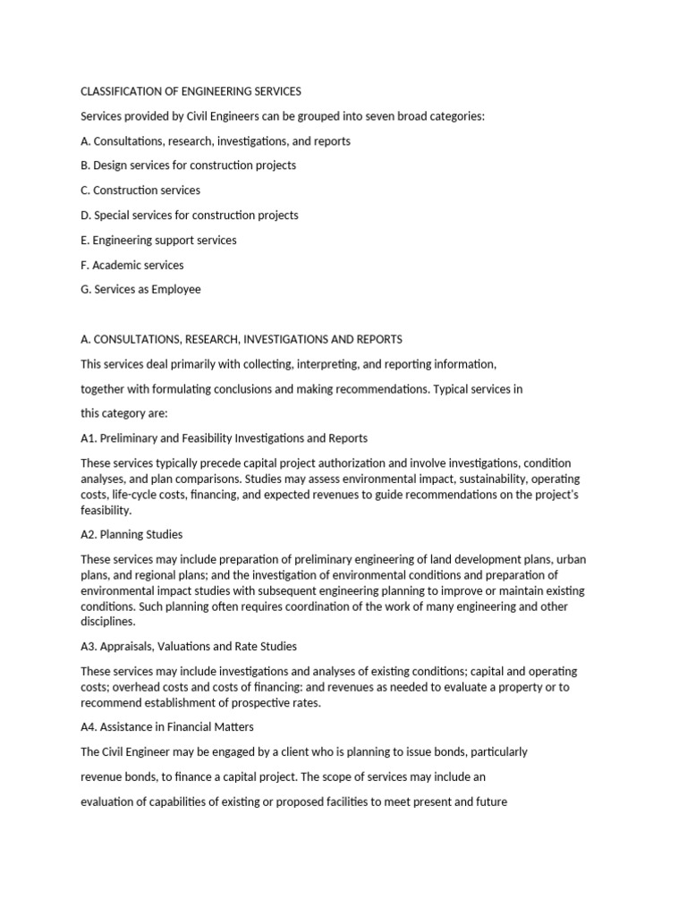 CLASSIFICATION OF ENGINEERING SERVICES | PDF | Real Estate Appraisal ...