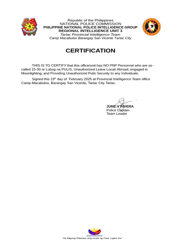 Certification of No Unauthorized PNP Personnel | PDF