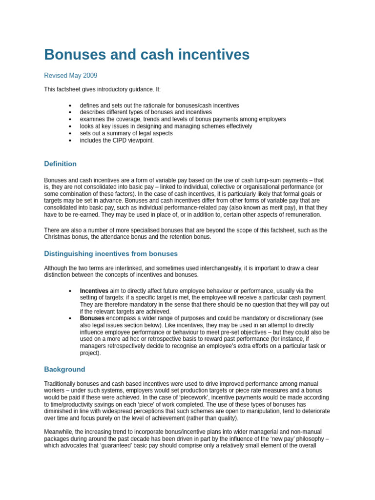 Bonuses and cash incentives | PDF | Incentive | Employment