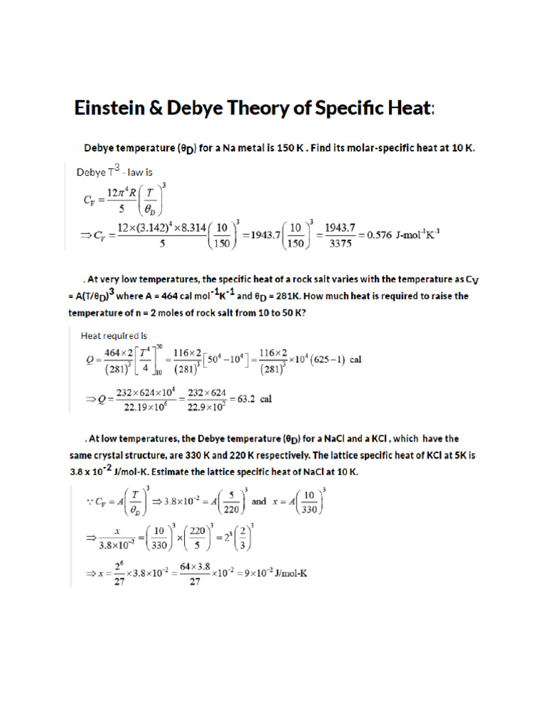 Einstein's and Debye theory numericals | PDF