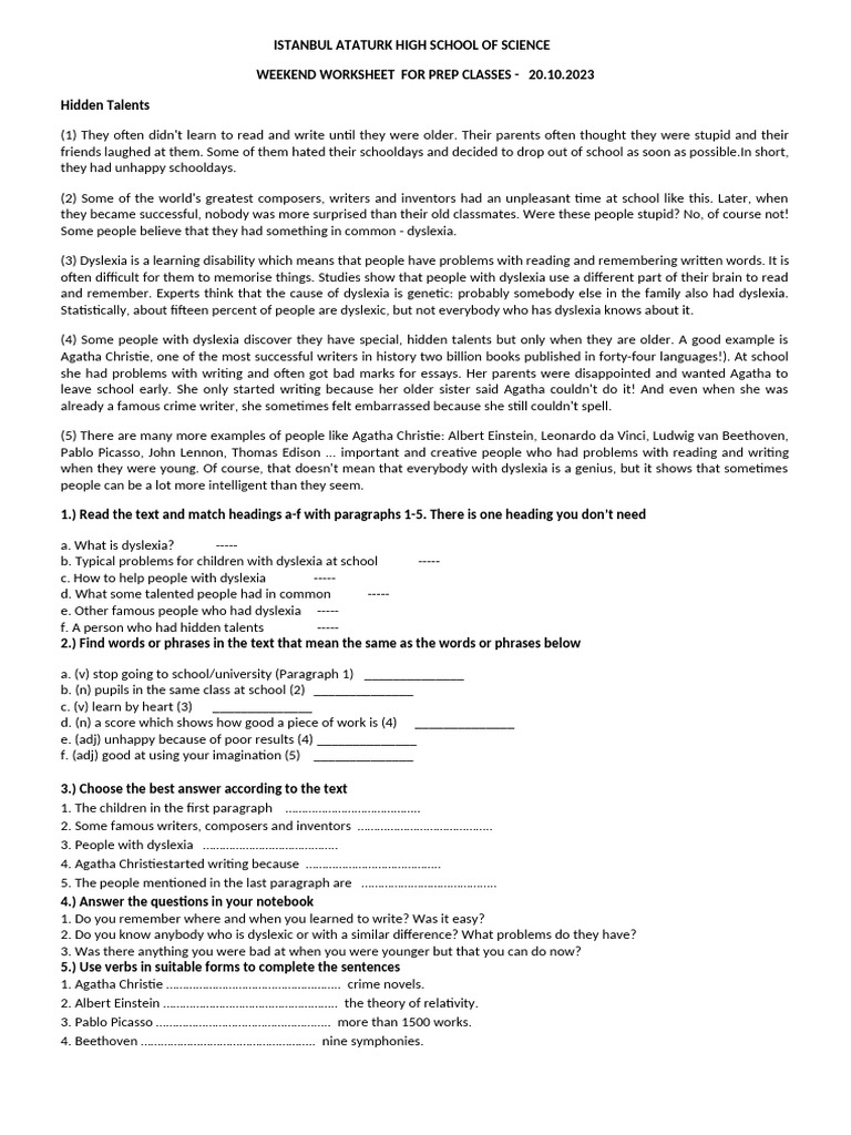 Weekend Worksheet Last Oct_2023 (1) | PDF | Dyslexia