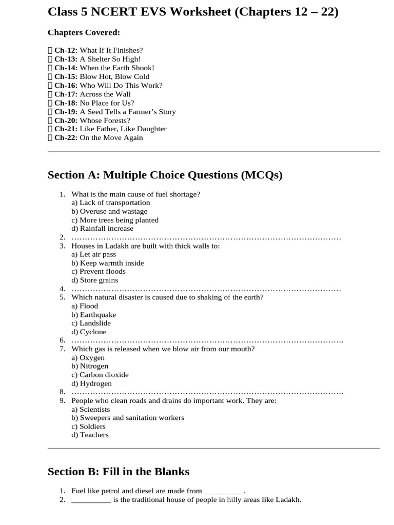 Class 5 EVS Worksheets: Chapters 12-22 | PDF | Agriculture | Organic ...