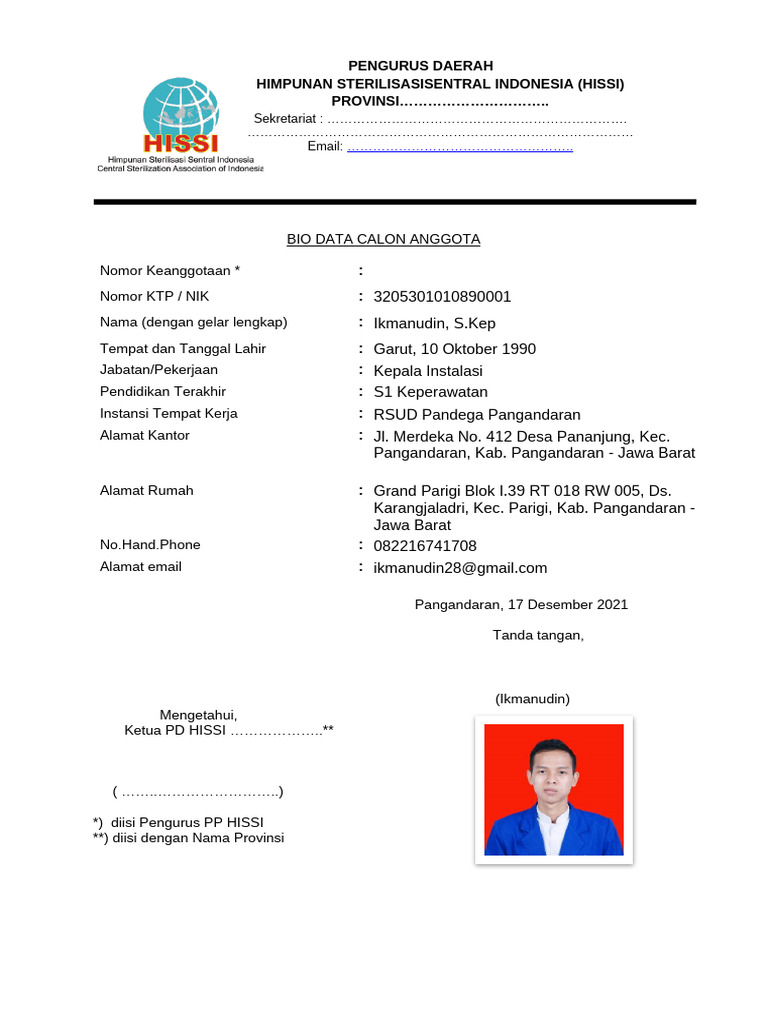 Form Anggota HISSI CSSD Pandega Pangandaran | PDF