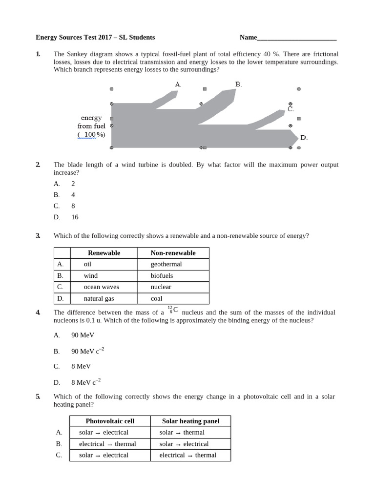 Yr 12 IB SL Energy Sources Test 2017 | PDF | Nuclear Fission | Nuclear ...