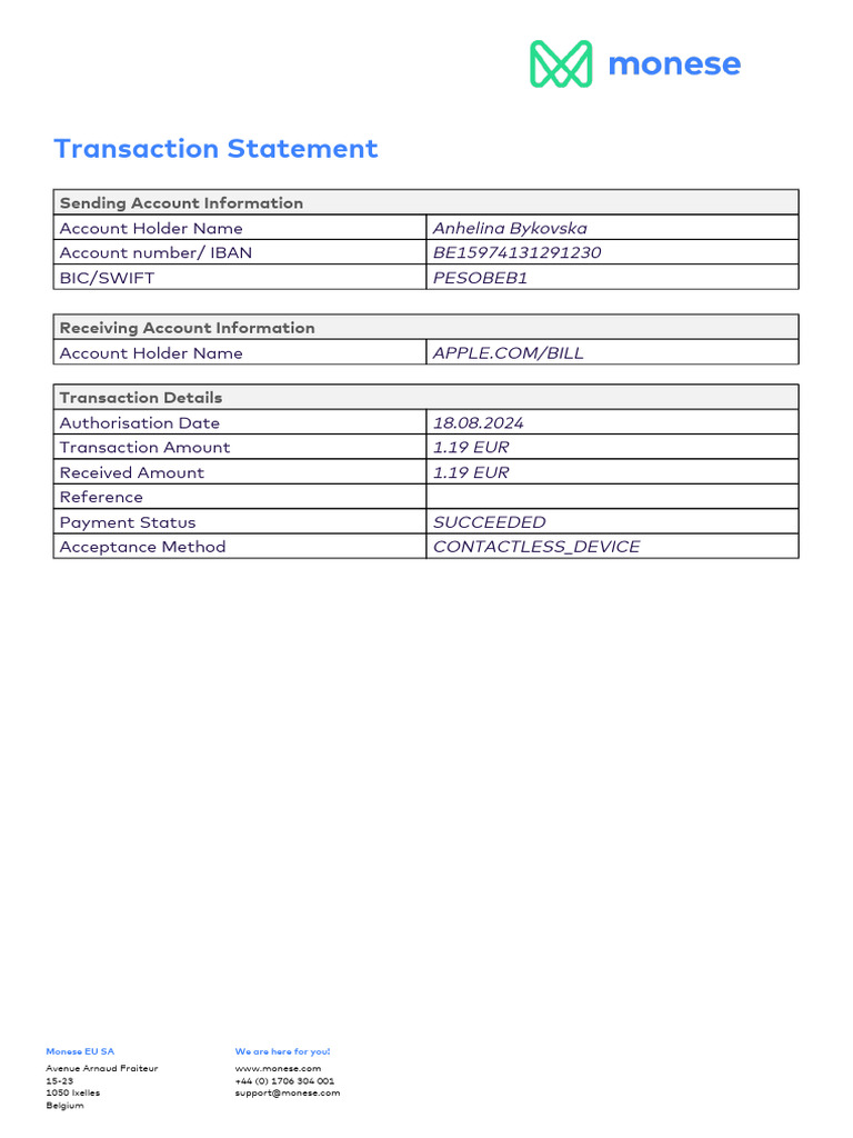 Transaction Statement: Sending Account Information | PDF
