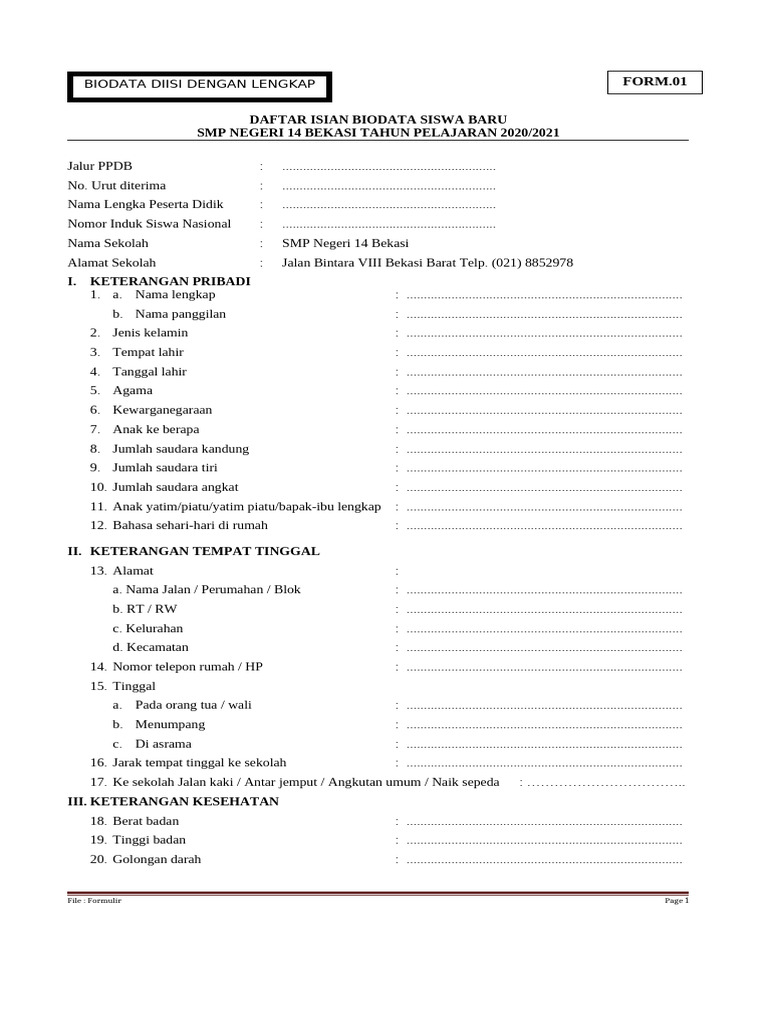 FORM 01 Daftar Isian Biodata Siswa | PDF