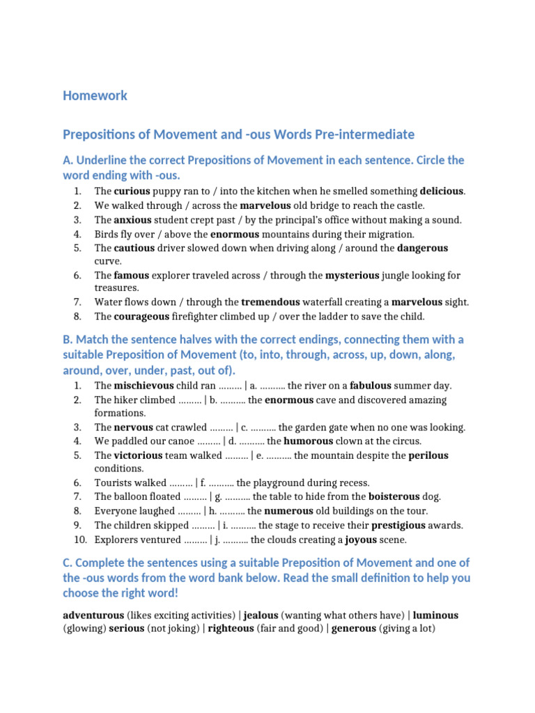 Movement Prepositions Worksheet | PDF | Verb