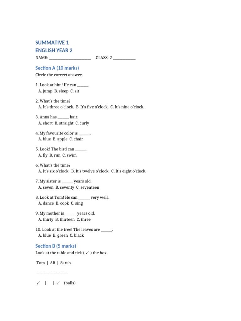 Year 2 English Summative Assessment | PDF