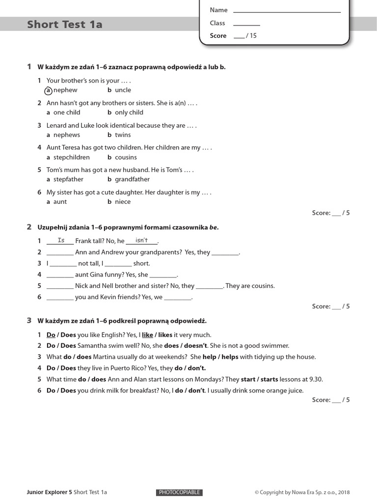Junior Explorer 5 Unit 1 Short Test A | PDF