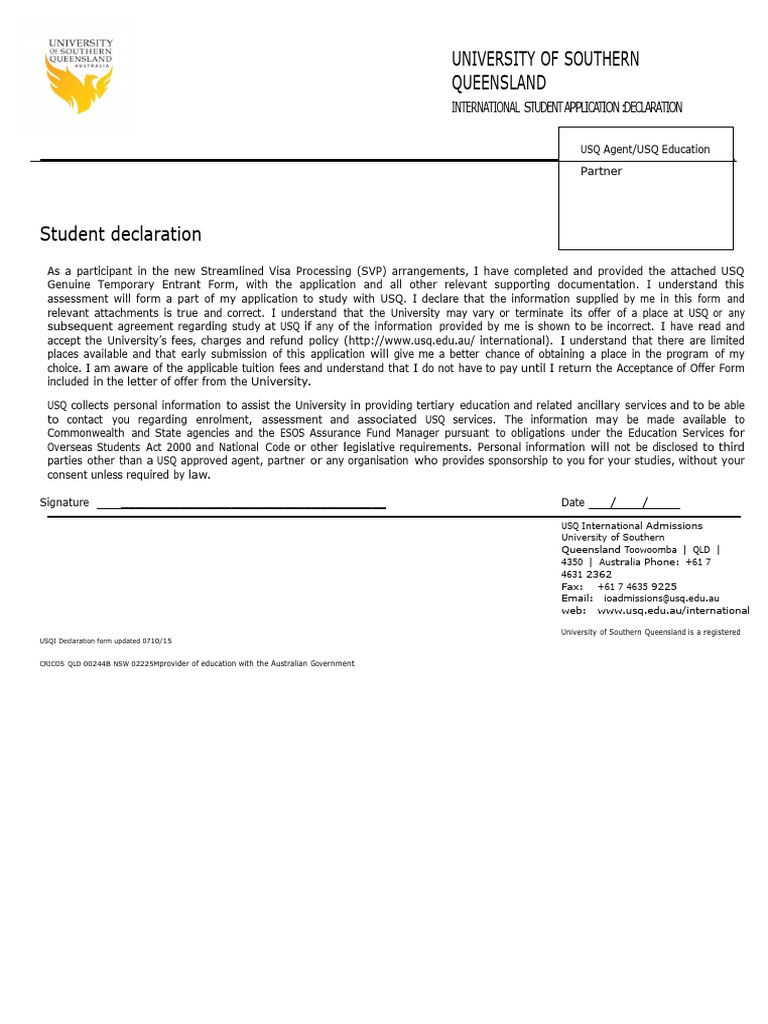 USQ Student+declaration+form 2018 | PDF