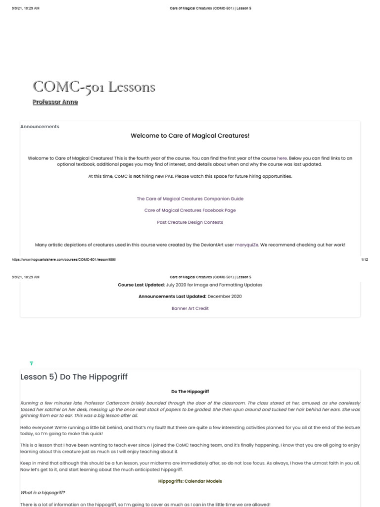 Care of Magical Creatures (COMC-501) - Lesson 5 | PDF