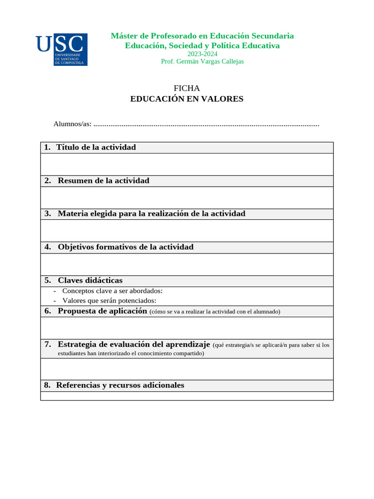 Práctica 3 Ficha de Educación en Valores | PDF