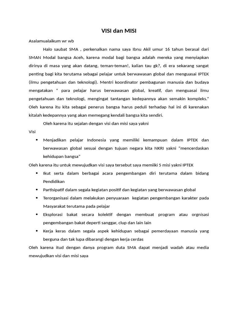 Visi Dan Misi Ibnu Akil | PDF