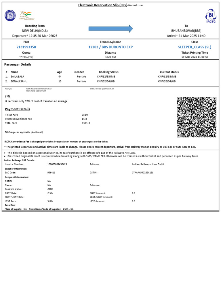 Print - NEW DELHI (NDLS) - BHUBANESWAR (BBS) - 2131993358 | PDF | Payments | Taxes
