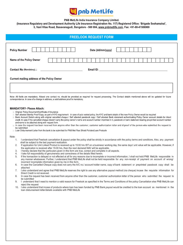 Freelook Request Form Ver3.1 | PDF | Banking | Financial Services