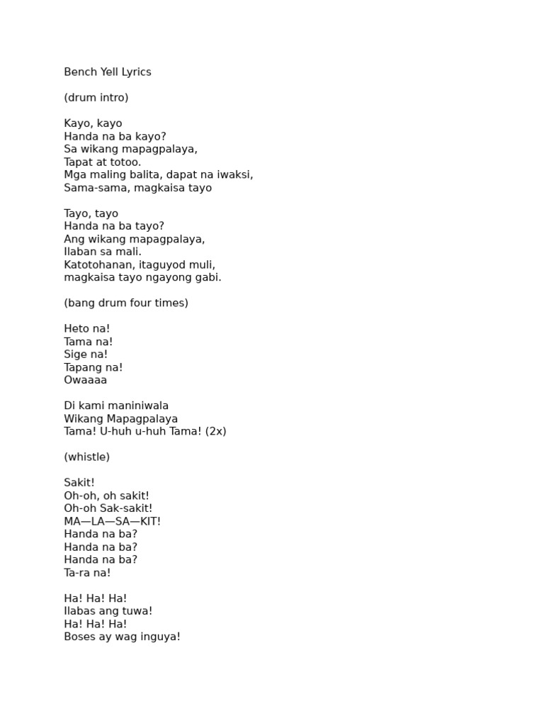Filipino Bench Yell Lyrics | PDF