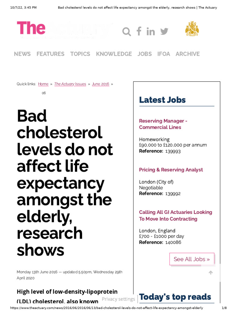 Bad Cholesterol Levels Do Not Affect Life Expectancy Amongst The ...
