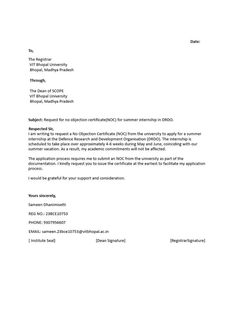 NOC Request for DRDO Internship | PDF