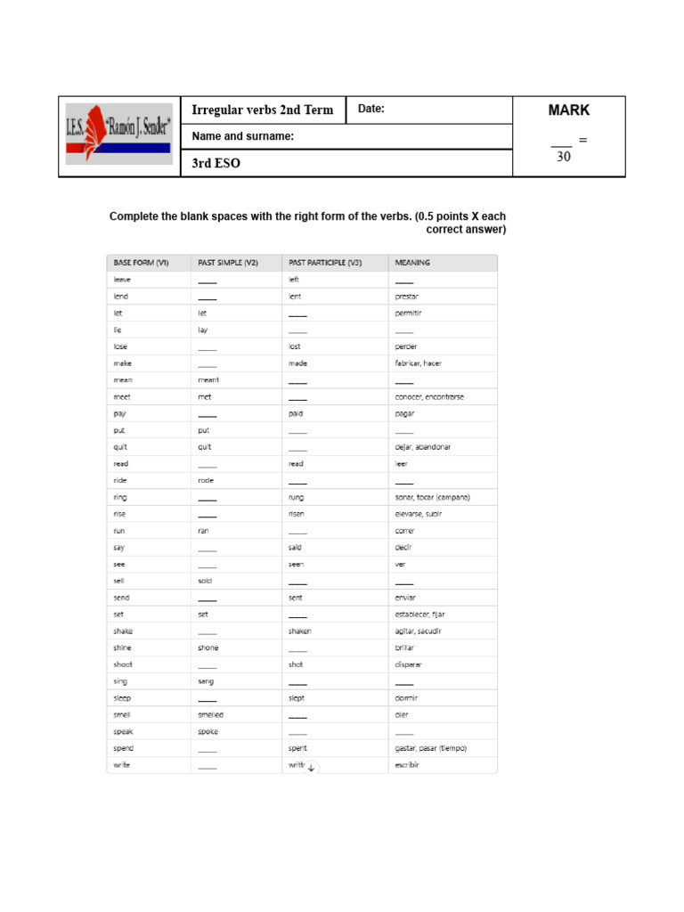 Irregular Verbs Exercise for 3rd ESO | PDF