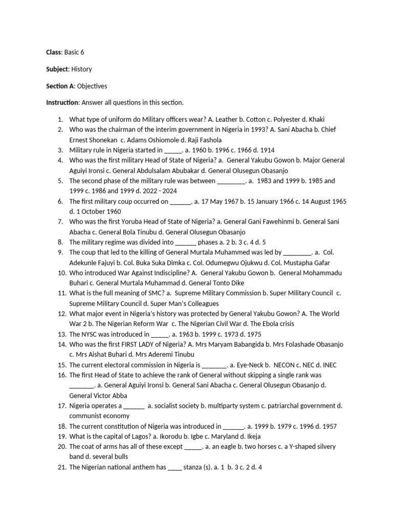 BASIC SIX - 2nd Term History Exam Questions | PDF | Nigeria