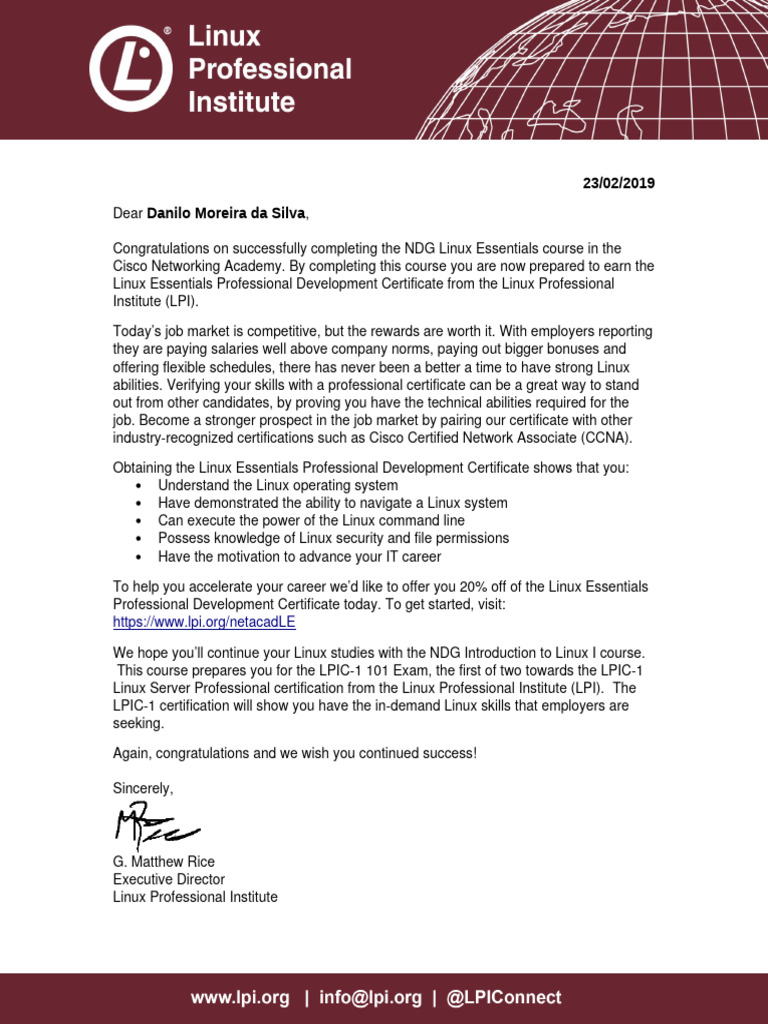 DaniloMoreira Da Silva-NDG Linux Essentials-Certificate | PDF