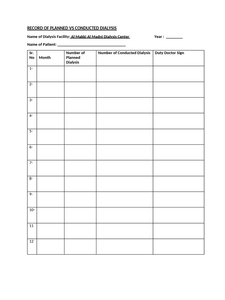 Dialysis Schedule Record Template | PDF