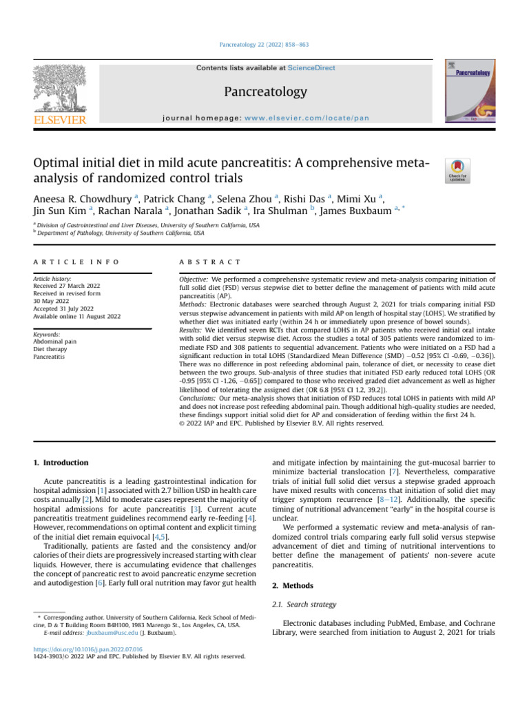 Optimal Initial Diet in Mild Acute Pancreatitis: A Comprehensive ...