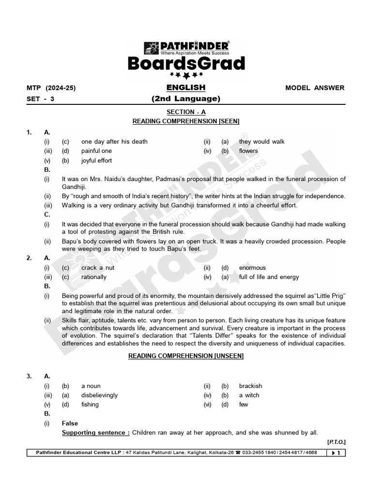 English 2nd Lang Class X Mock 3 Model Answer 2024 2025 | PDF