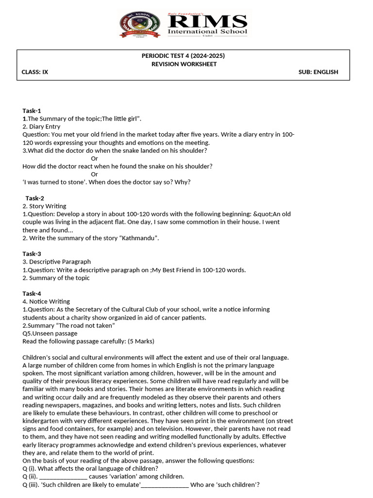 9 Revision PT 4 English Sonia 202425 | PDF | Literacy | Cognition