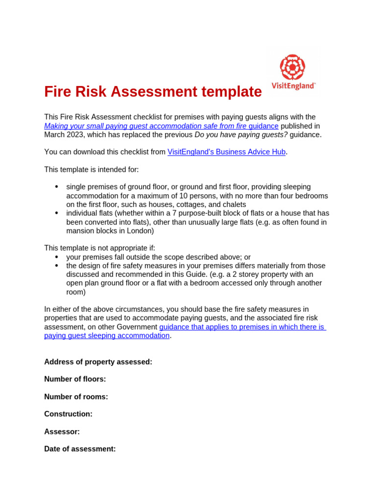Visitengland Fire Risk Assessment Template For Tourism Businesses ...