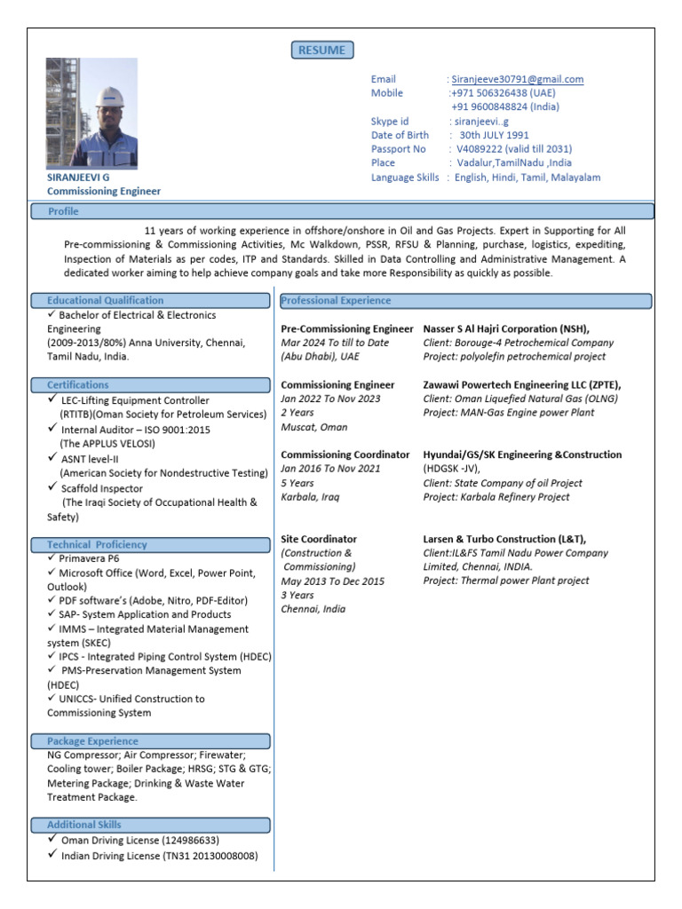 Commissioning Engineer Resume Overview | PDF