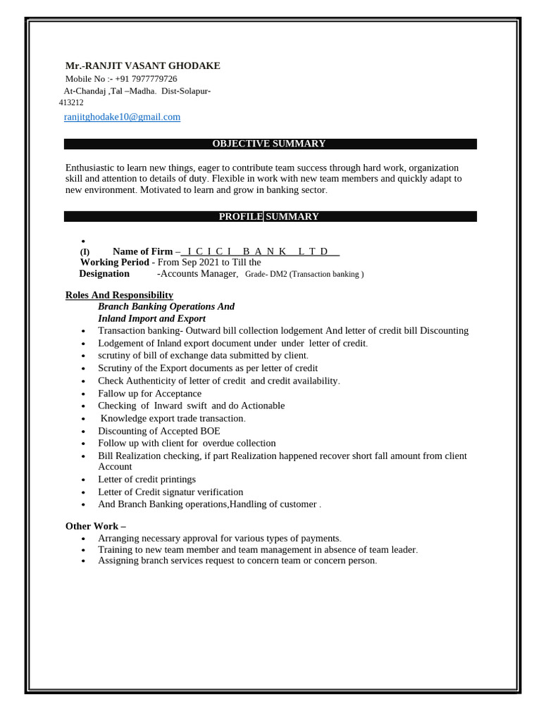 Ranjit Ghodake CV Copy 2 | PDF | Letter Of Credit | Banks