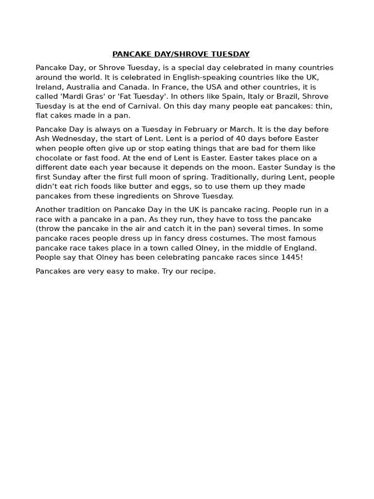 Pancake Day - Shrove Tuesday - British Council Teens | PDF