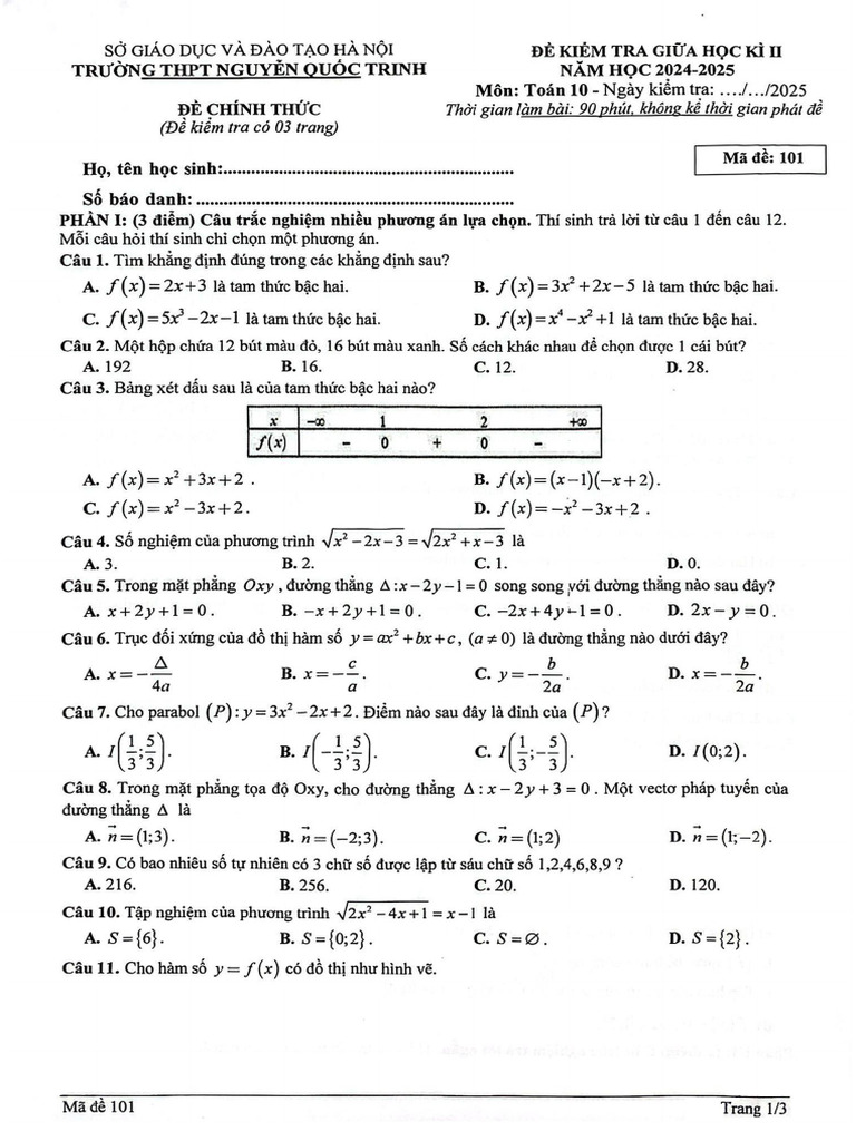 De Giua Ky 2 Toan 10 Nam 2024 2025 Truong THPT Nguyen Quoc Trinh Ha Noi | PDF