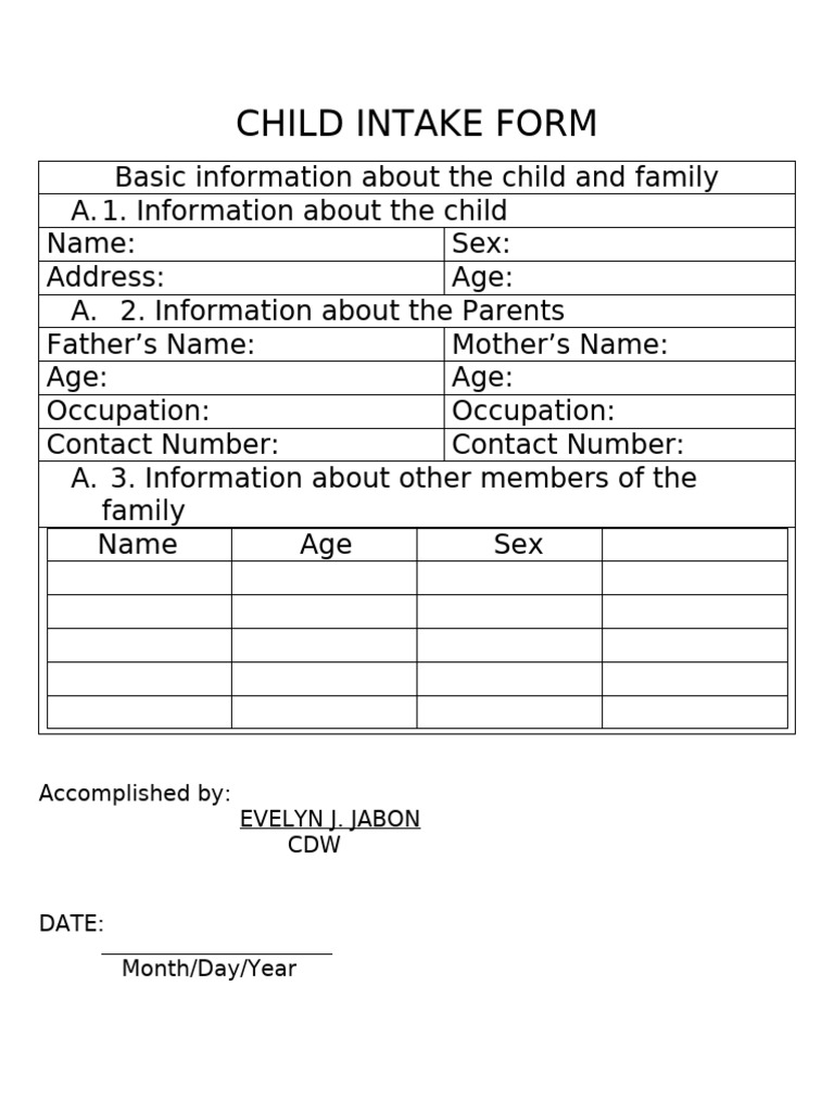 Child Intake Form Template | PDF