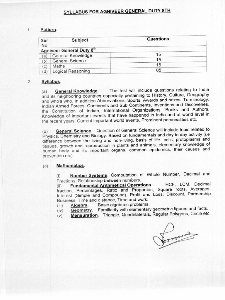 Agniveer INDIAN ARMY General Duty 8th Syllabus | PDF