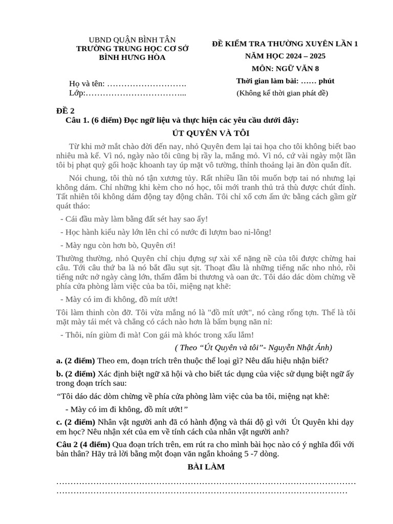 KTTX L2 LỚP 8 ĐỀ 2 | PDF