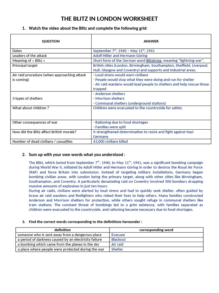 London Blitz Overview Worksheet | PDF | The Blitz | European Theatre Of ...