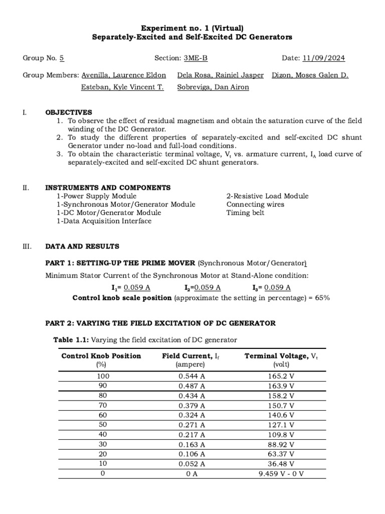 EXPT 01 - Separately-Excited and Self-Excited DC Generators (Data Sheet) | PDF | Electric ...