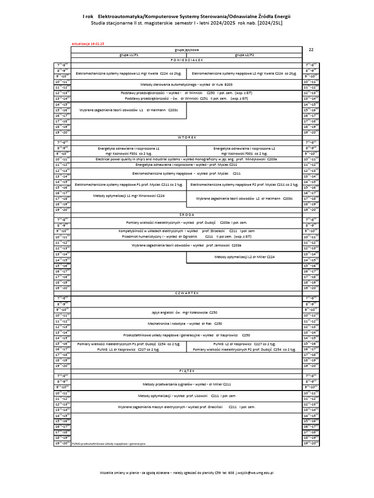 Studia Stacjonarne II St. Magisterskie Semestr I - Letni 2024/2025 Rok ...