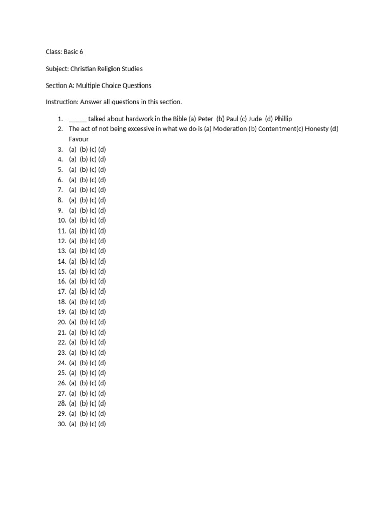 CRS Exam Questions for Primary 6 | PDF
