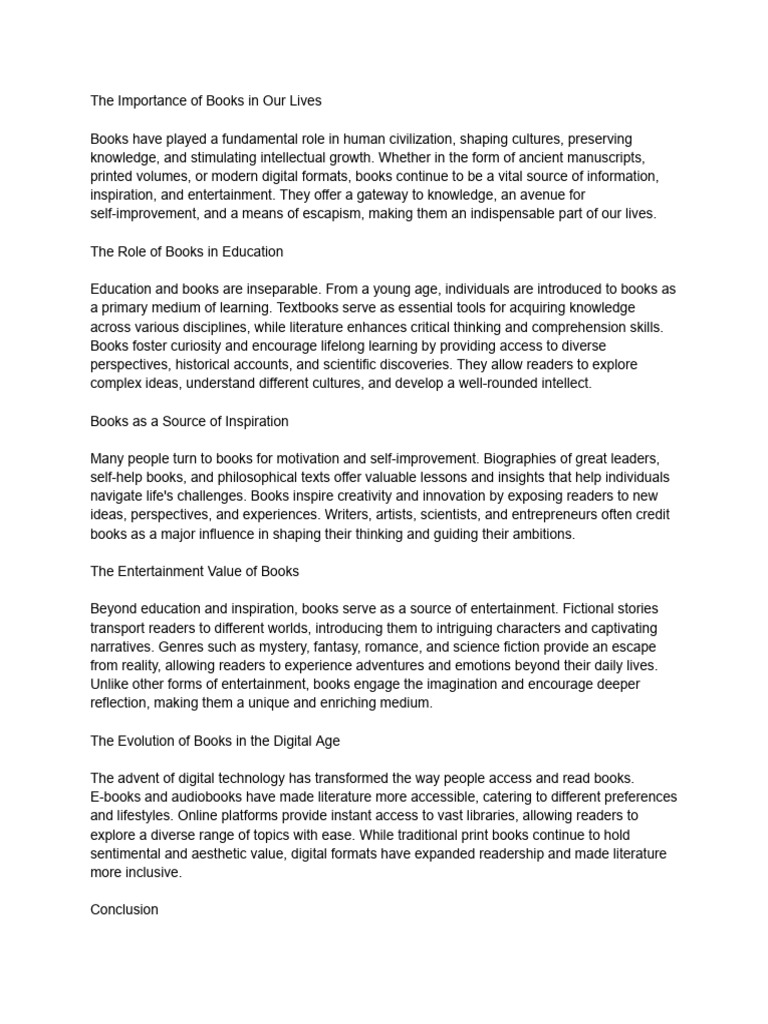 Essay on books | PDF | Books | Entertainment