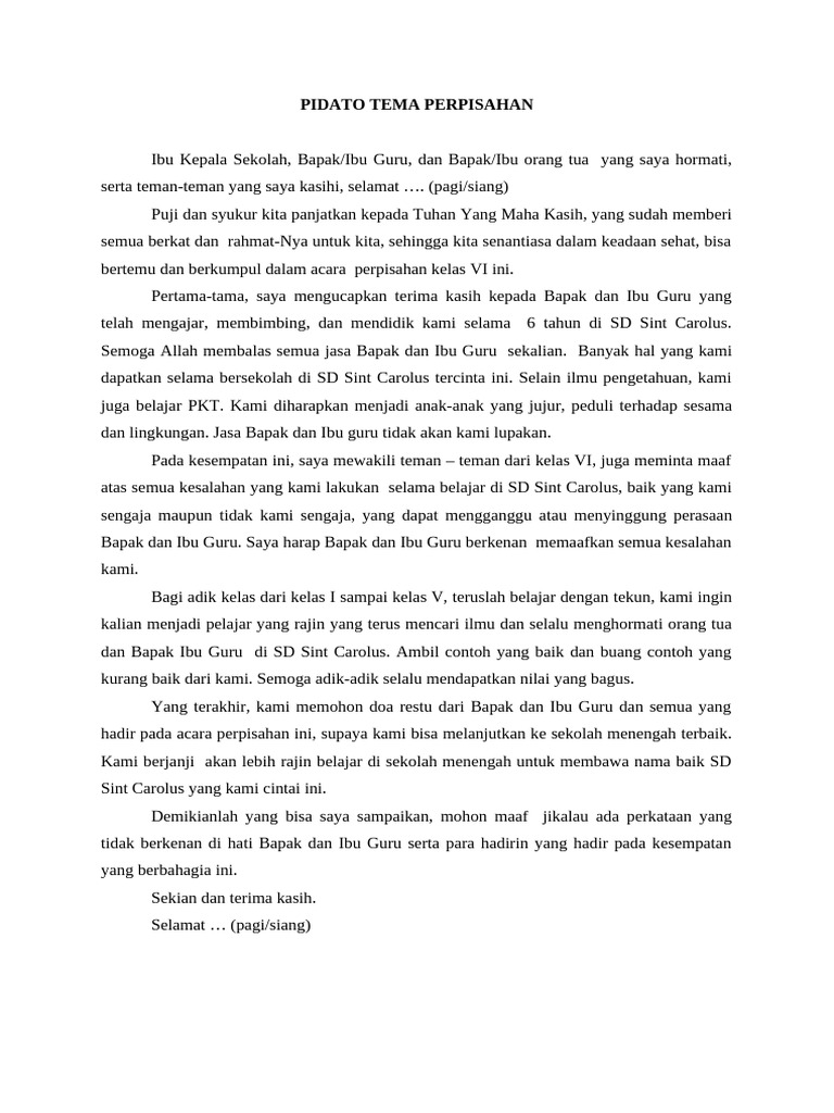 Pidato Perpisahan Kelas VI SD Sint Carolus | PDF