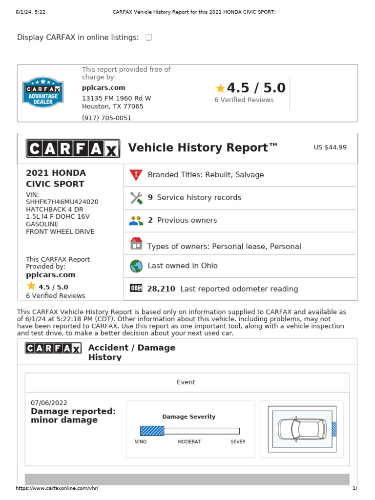 CARFAX Vehicle History Report For This 2021 HONDA CIVIC SPORT ...
